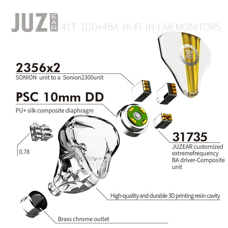JUZEAR 41T 1DD+4BA Hybrid In-Ear Monitor IEMs — HiFiGo
